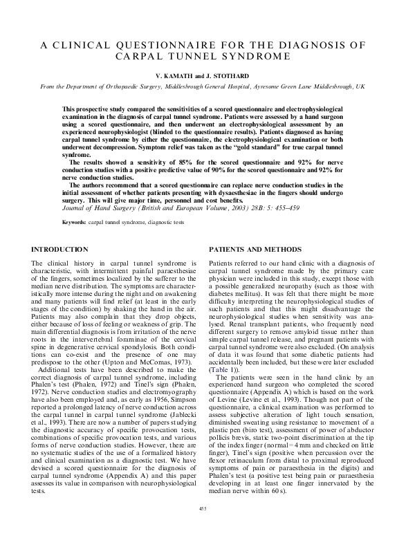 (PDF) A Clinical questionnaire for the diagnosis of carpal tunnel syndrome