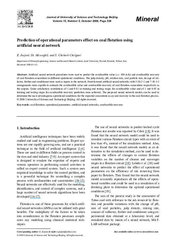 Pdf Prediction Of Operational Parameters Effect On Coal Flotation Using Artificial Neural Network