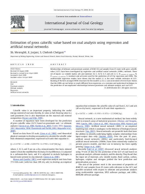 (PDF) Estimation of gross calorific value based on coal analysis using regression and artificial ...