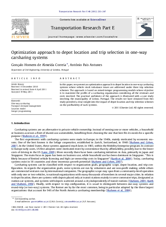 (PDF) Optimization approach to depot location and trip selection in one-way carsharing systems