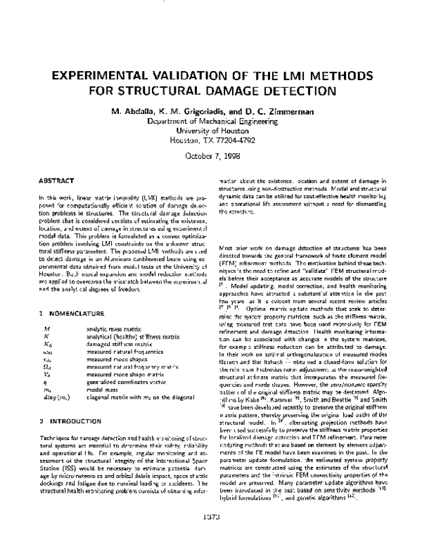 (PDF) Experimental Validation of the LMI Methods for Structural Damage Detection, #89 | mohamed ...