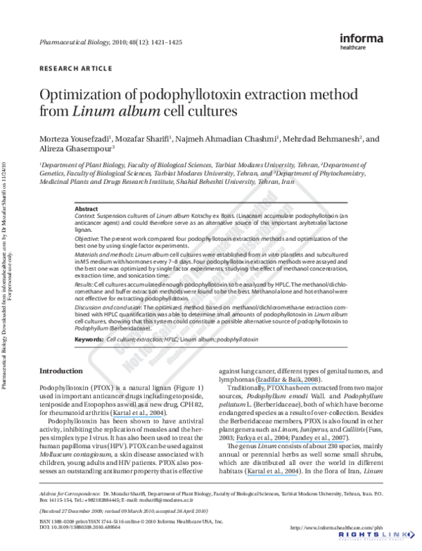 (PDF) Optimization of podophyllotoxin extraction method from Linum ...