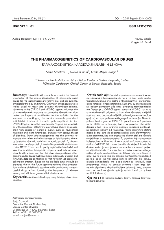 (PDF) The Pharmacogenetics of Cardiovascular Drugs / FARMAKOGENETIKA ...
