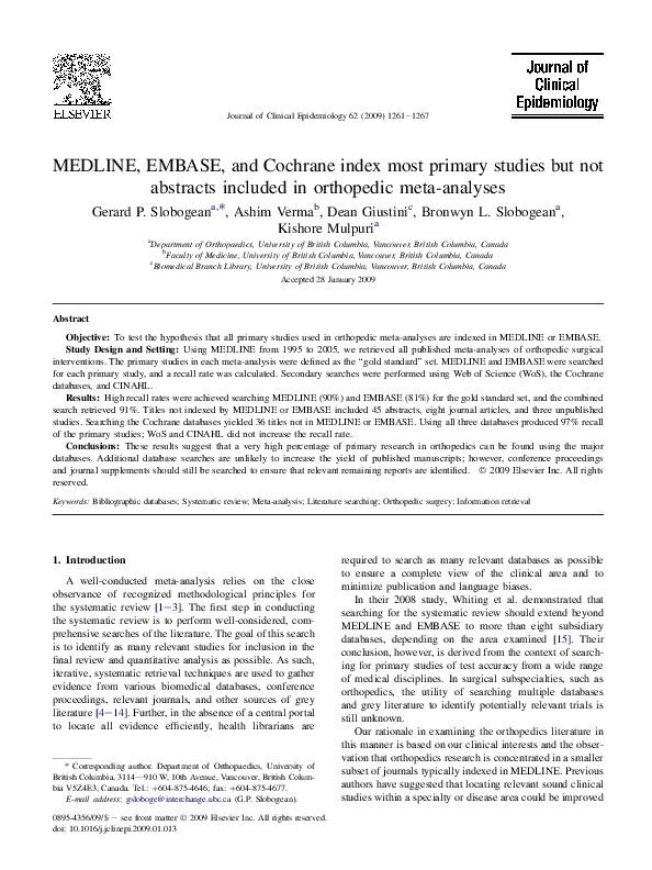 (PDF) MEDLINE, EMBASE, and Cochrane index most primary studies but not ...