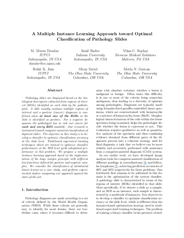 (PDF) A Multiple Instance Learning Approach toward Optimal Classification of Pathology Slides