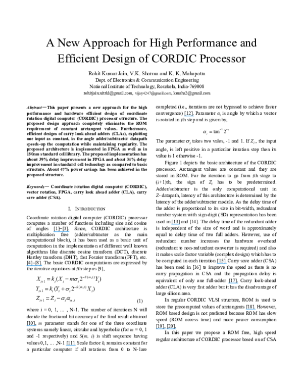 Pdf A New Approach For High Performance And Efficient Design Of Cordic Processor