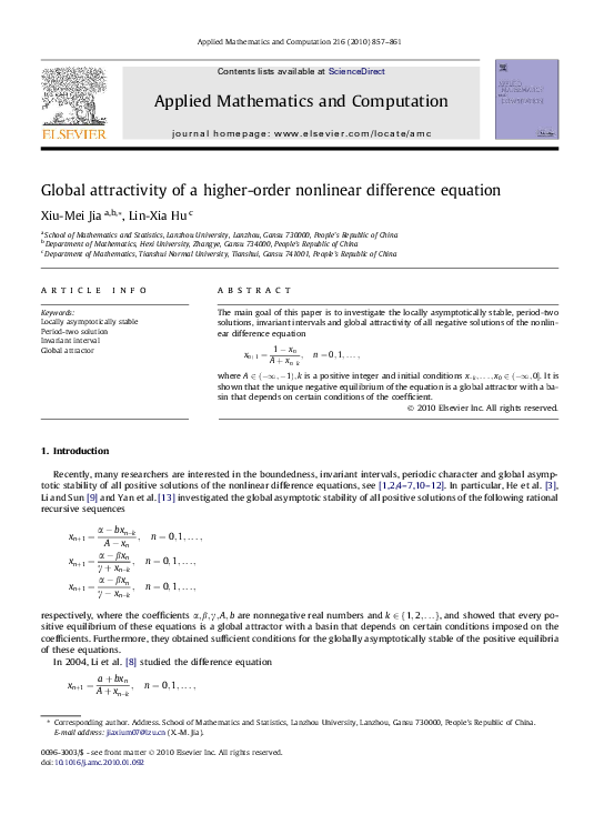 Pdf Global Attractivity For A Class Of Higher Order Nonlinear Difference Equations