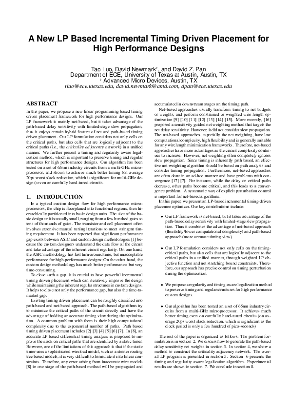 Pdf A New Lp Based Incremental Timing Driven Placement For High Performance Designs