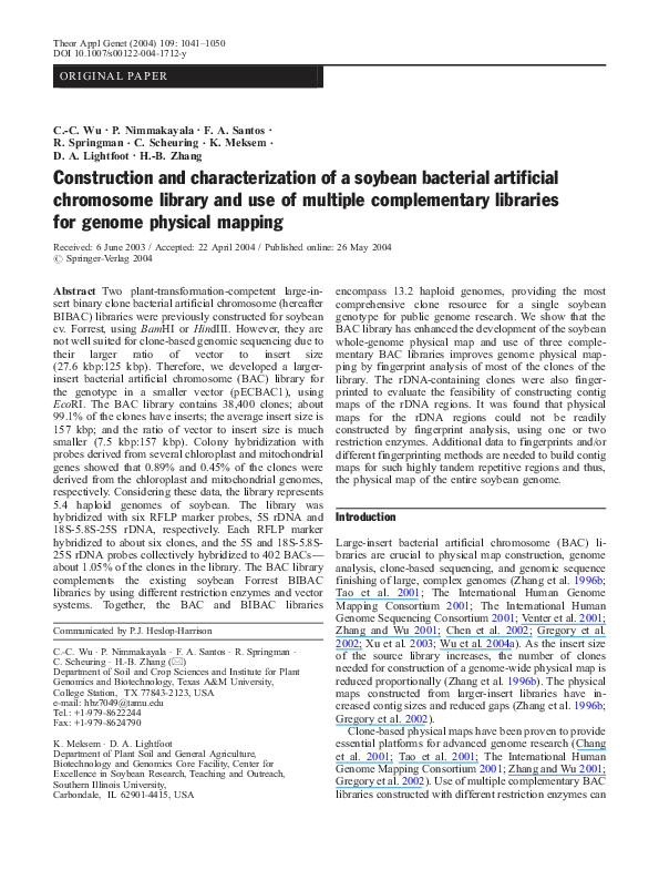 (PDF) Construction and characterization of a soybean bacterial artificial chromosome library and ...