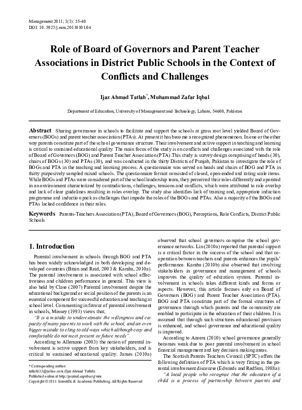 (PDF) Role of Board of Governors and Parent Teacher Associations in District Public Schools in ...
