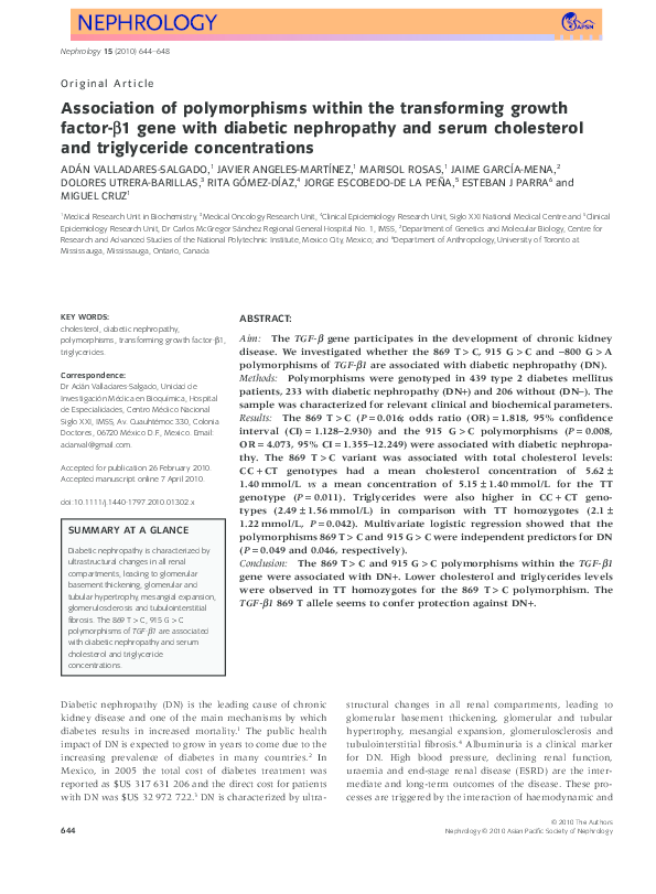(PDF) Association of polymorphisms within the TGF-beta1 gene with diabetic nephropathy and serum ...