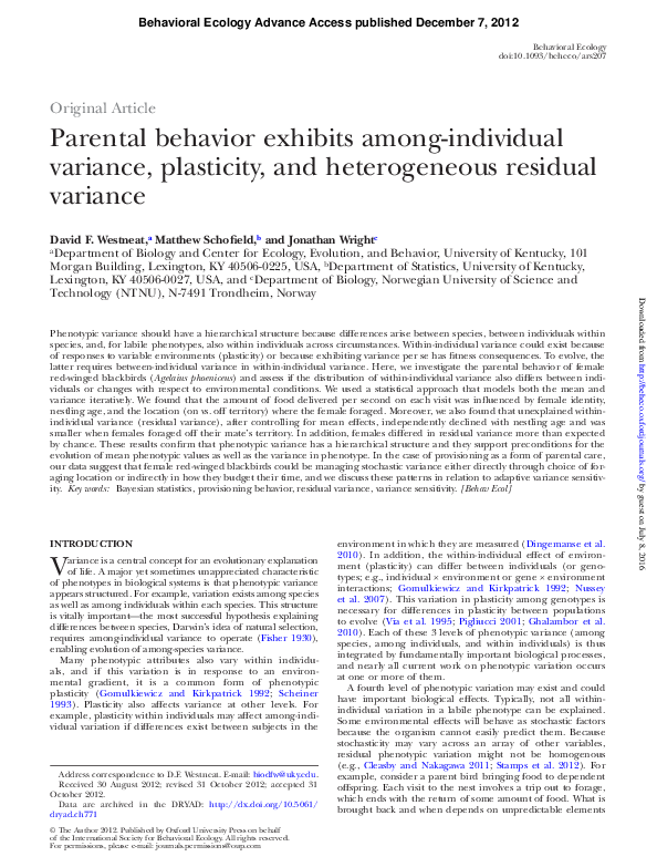 (PDF) Parental behavior exhibits among-individual variance, plasticity, and heterogeneous ...