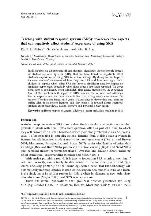 (PDF) Teaching with student response systems (SRS): teacher-centric aspects that can negatively ...