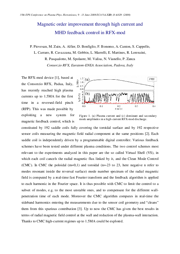 (PDF) Magnetic order improvement through high current and MHD feedback control in RFX-mod