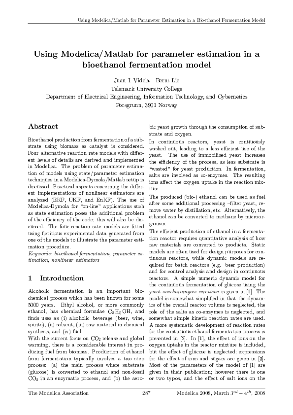 (PDF) Using Modelica/Matlab for parameter estimation in a bioethanol fermentation model