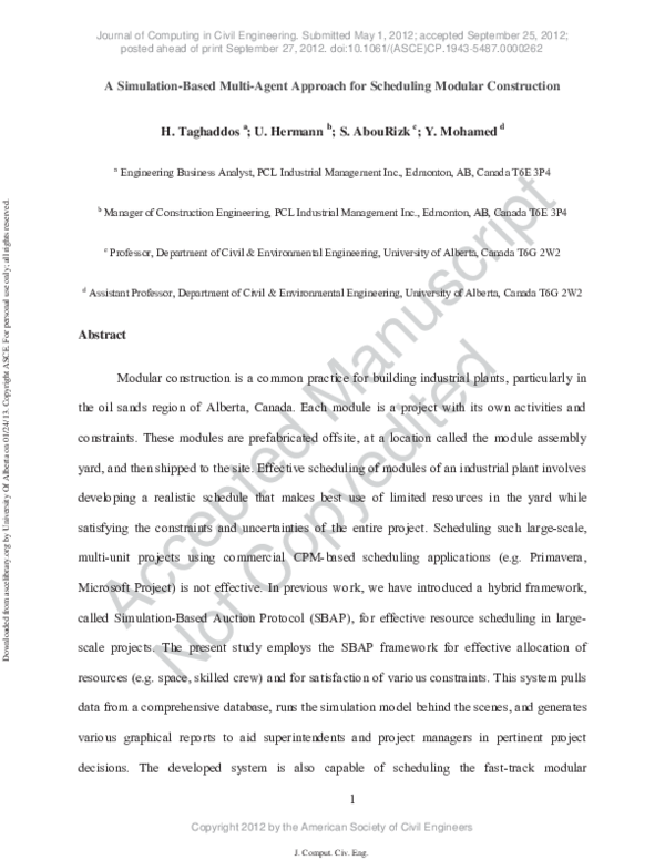 Pdf Simulation Based Scheduling Of Modular Construction Using Multi Agent Resource Allocation