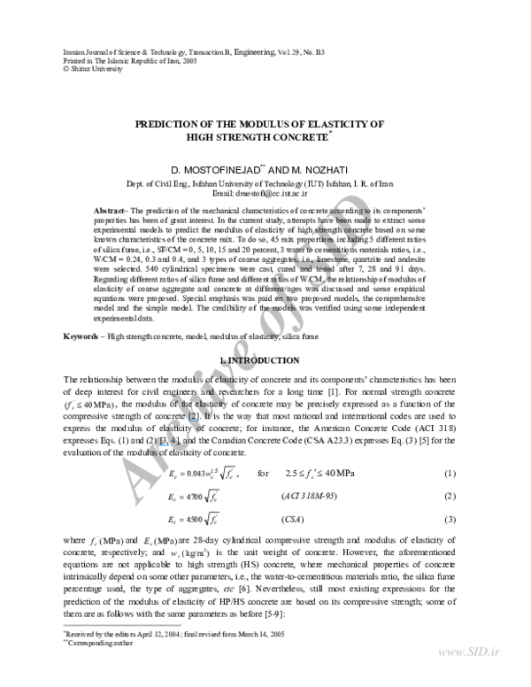 (PDF) Prediction of the Modulus of Elasticity of High Strength Concrete