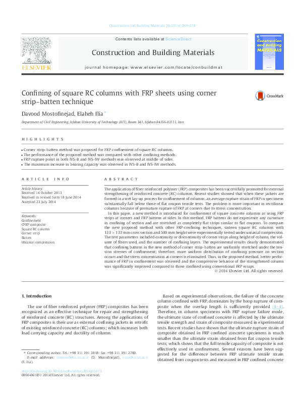 (PDF) Confining of square RC columns with FRP sheets using corner strip–batten technique