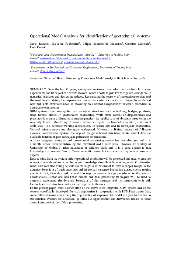 (PDF) Operational Modal Analysis for identification of geotechnical systems
