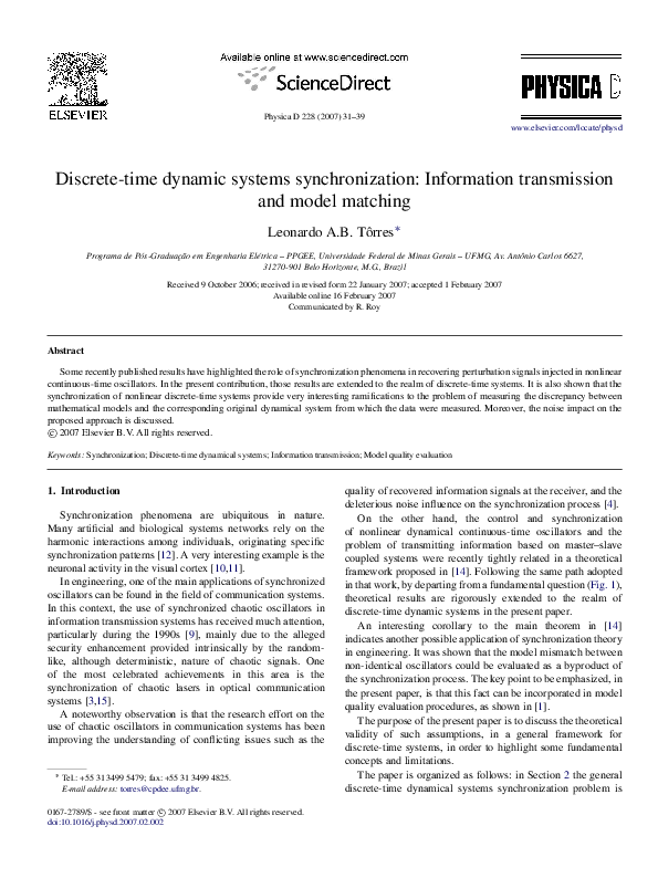 Pdf Discrete Time Dynamic Systems Synchronization Information Transmission And Model Matching