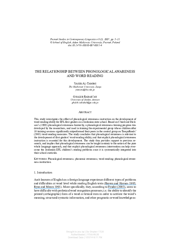 (PDF) The relationship between phonological awareness time and reading abilities: an assessment ...