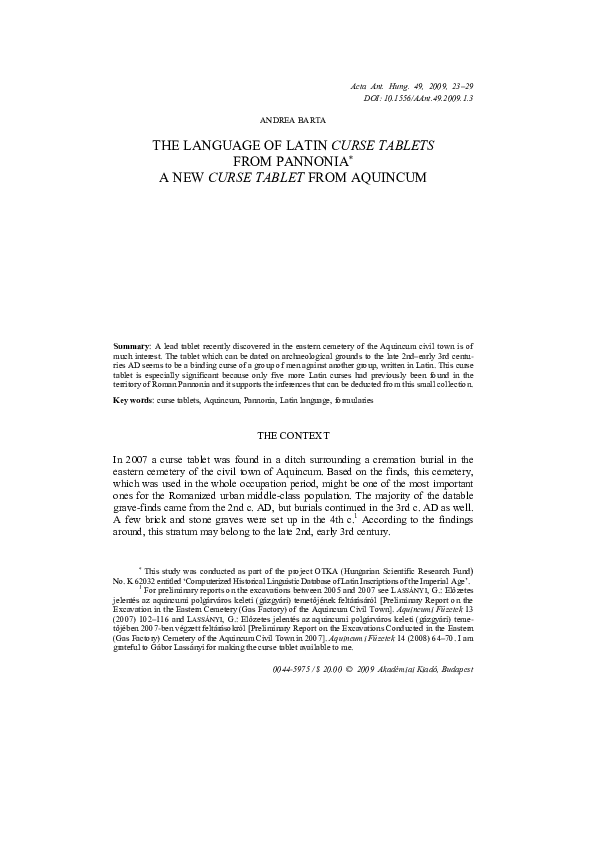(PDF) The language of latin Curse tablets from Pannonia. A new Curse ...