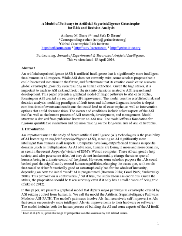 A Model of Pathways to Artificial Superintelligence Catastrophe for ...