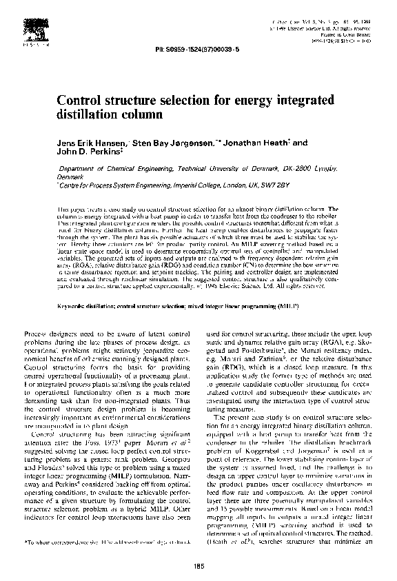 (PDF) Control structure selection for energy integrated distillation column
