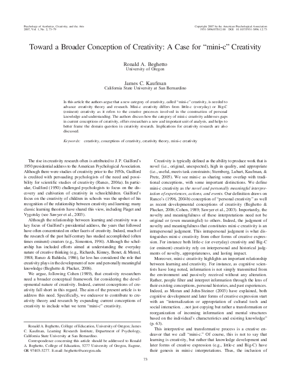 (PDF) Toward a broader conception of creativity: A case for "mini-c ...
