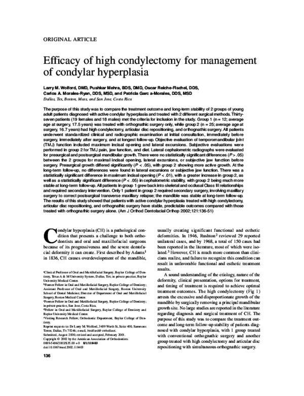 (PDF) Efficacy of high condylectomy for management of condylar hyperplasia