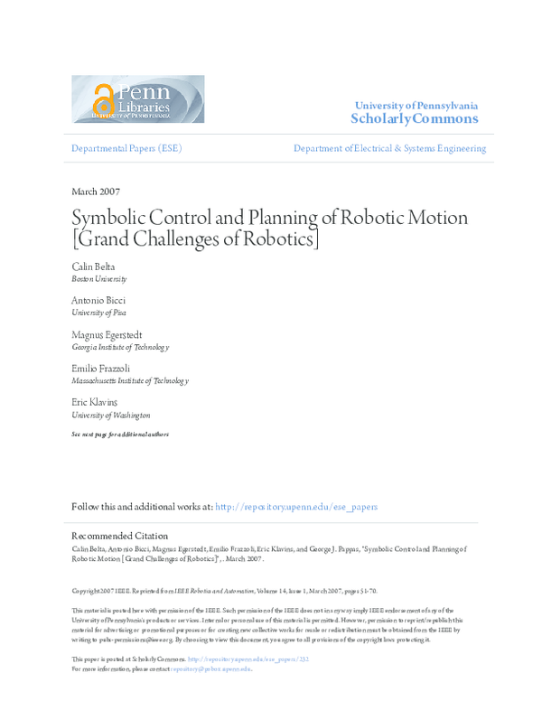 (PDF) Symbolic Control and Planning of Robotic Motion [Grand Challenges ...