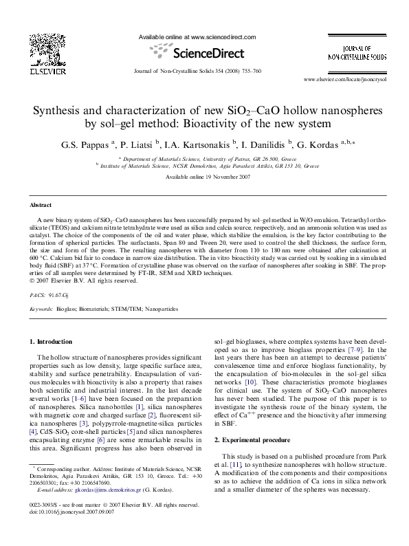 (PDF) Synthesis and characterization of new SiO2–CaO hollow nanospheres by sol–gel method ...