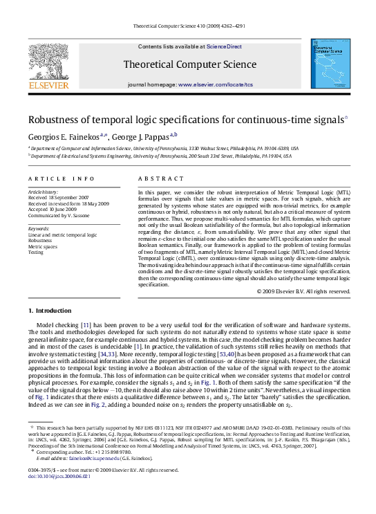 Pdf Robustness Of Temporal Logic Specifications For Continuous Time Signals