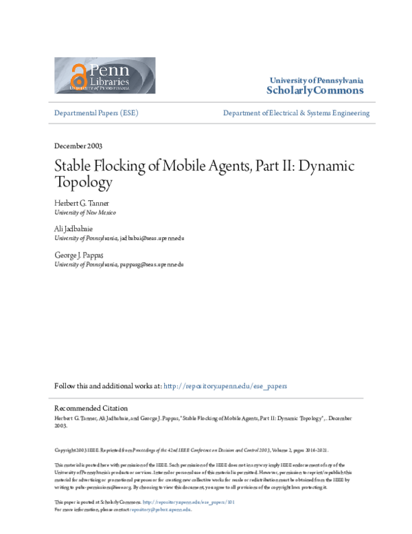 (PDF) Stable flocking of mobile agents. II. Dynamic topology