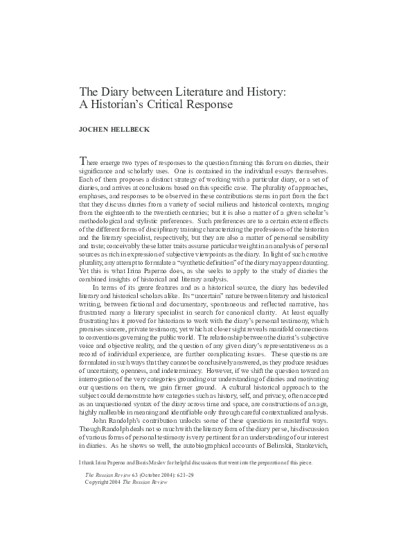 (PDF) The Diary between Literature and History: A Historian's Critical ...