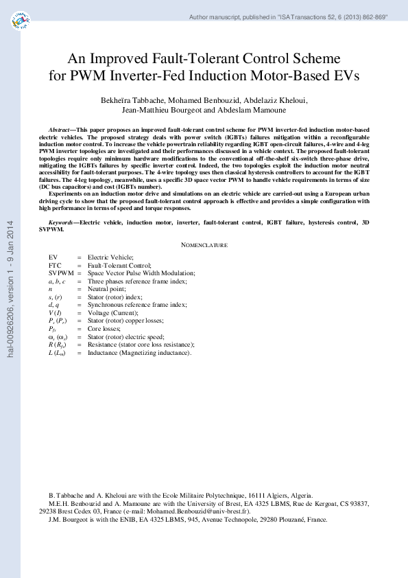 Pdf An Improved Fault Tolerant Control Scheme For Pwm Inverter Fed Induction Motor Based Evs