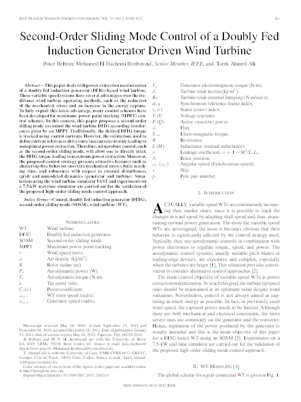 Pdf High Order Sliding Mode Control Of A Dfig Based Wind Turbine For Power Maximization And