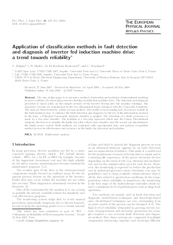 Pdf Application Of Classification Methods In Fault Detection And Diagnosis Of Inverter Fed