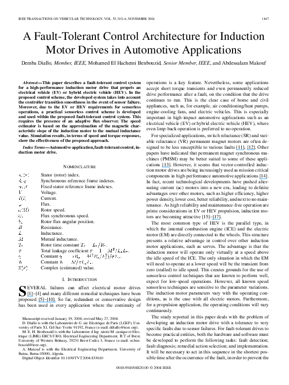 Pdf A Fault Tolerant Control Architecture For Induction Motor Drives In Automotive Applications