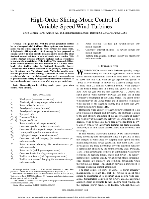 (PDF) High-Order Sliding-Mode Control of Variable-Speed Wind Turbines