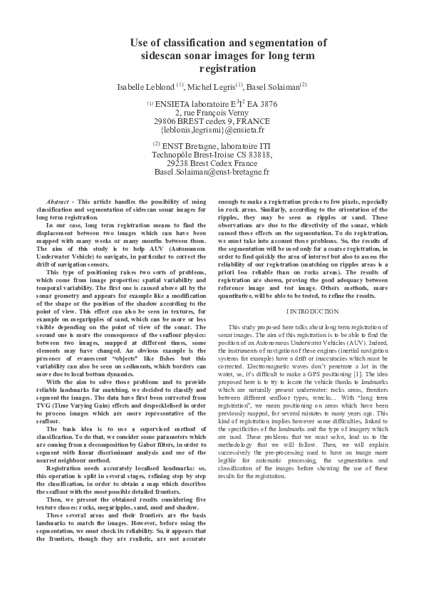(PDF) Use of classification and segmentation of sidescan sonar images for long term registration