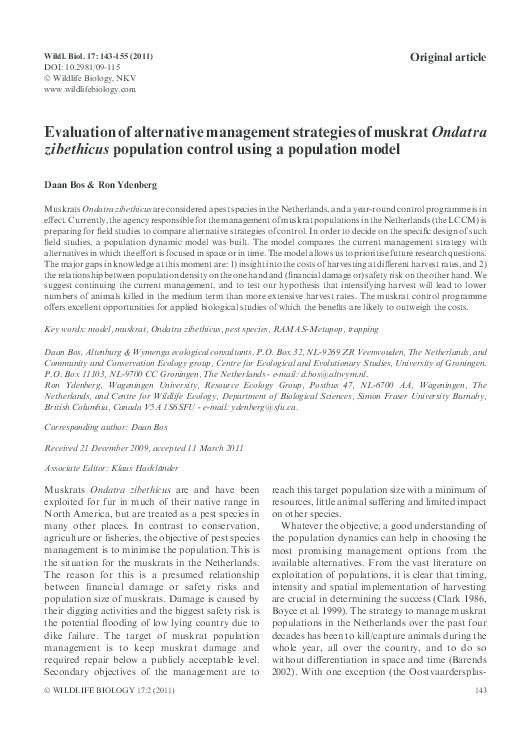 (PDF) Evaluation of alternative management strategies of muskrat Ondatra zibethicus population ...