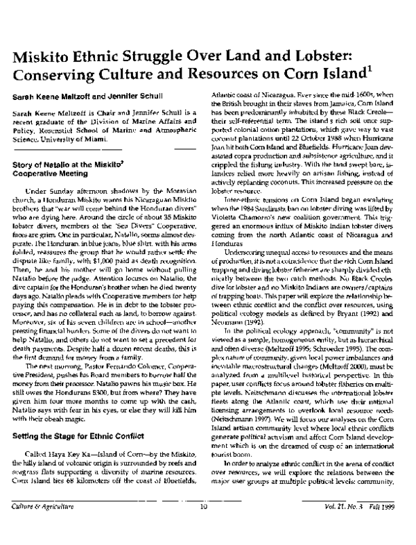 (PDF) Miskito Ethnic Struggle Over Land and Lobster: Conserving Culture ...