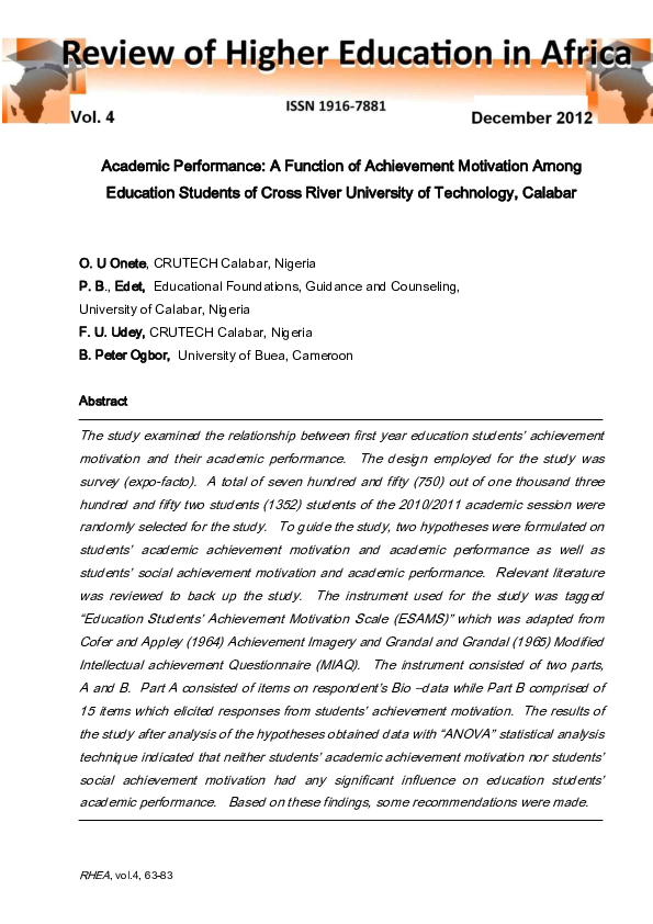 (PDF) Academic Performance: A Function of Achievement Motivation Among ...