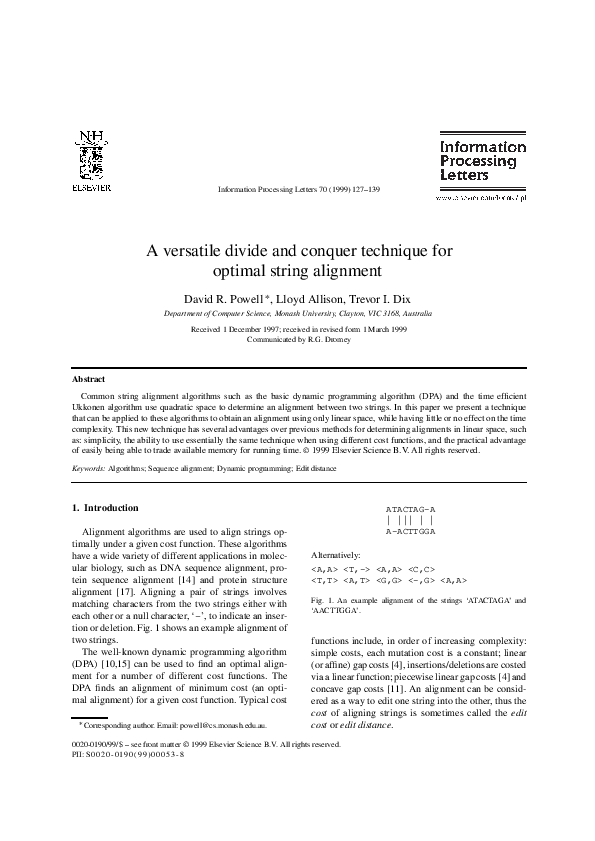 Pdf A Versatile Divide And Conquer Technique For Optimal String Alignment