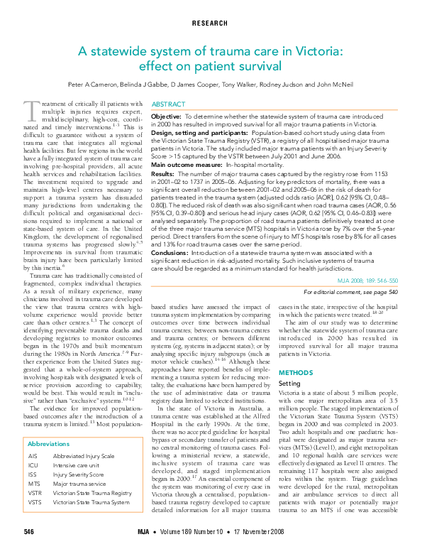 (PDF) A statewide system of trauma care in Victoria: effect on patient ...