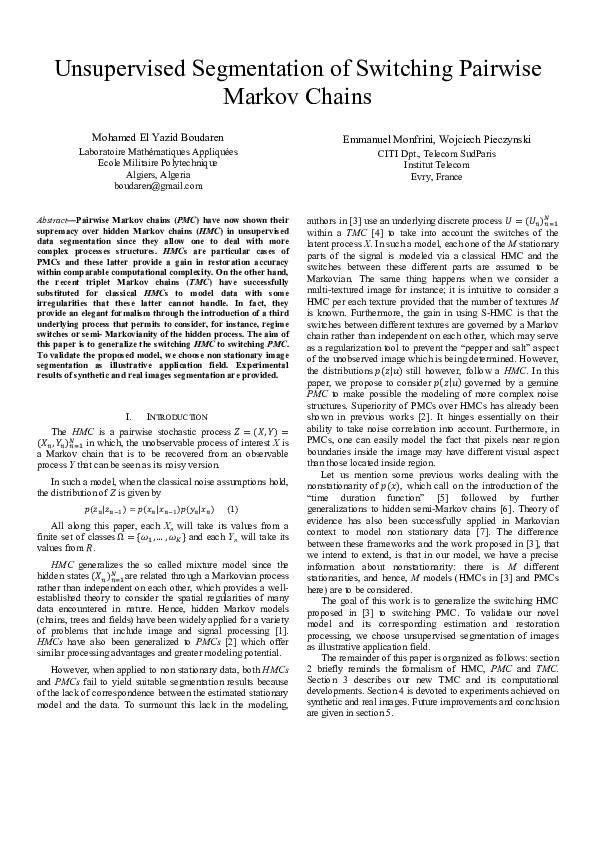 Pdf Unsupervised Segmentation Of Switching Pairwise Markov Chains