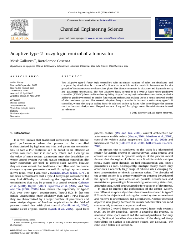 Pdf Adaptive Type 2 Fuzzy Logic Control Of A Bioreactor