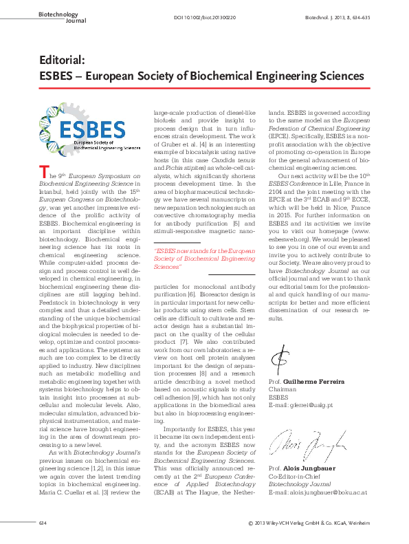 (PDF) Editorial: ESBES - European Society of Biochemical Engineering ...