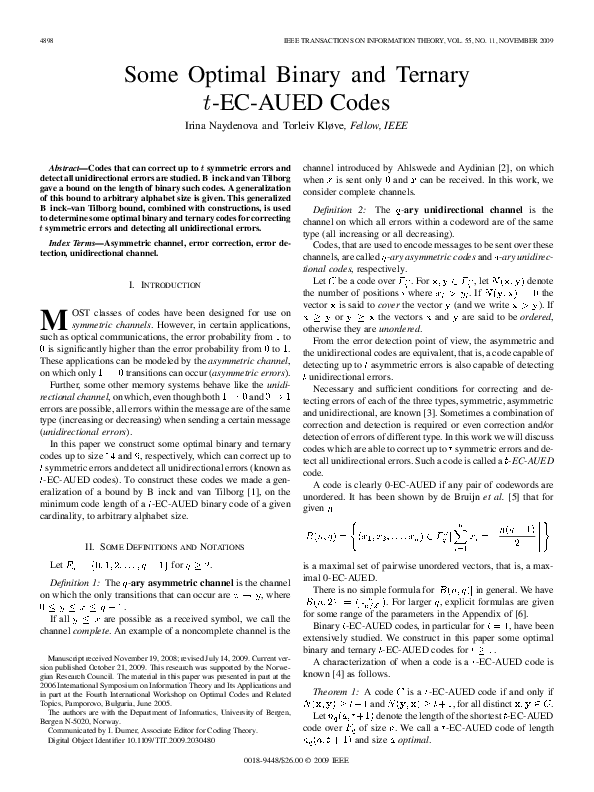 (PDF) Some Optimal Binary and Ternary $t$ -EC-AUED Codes